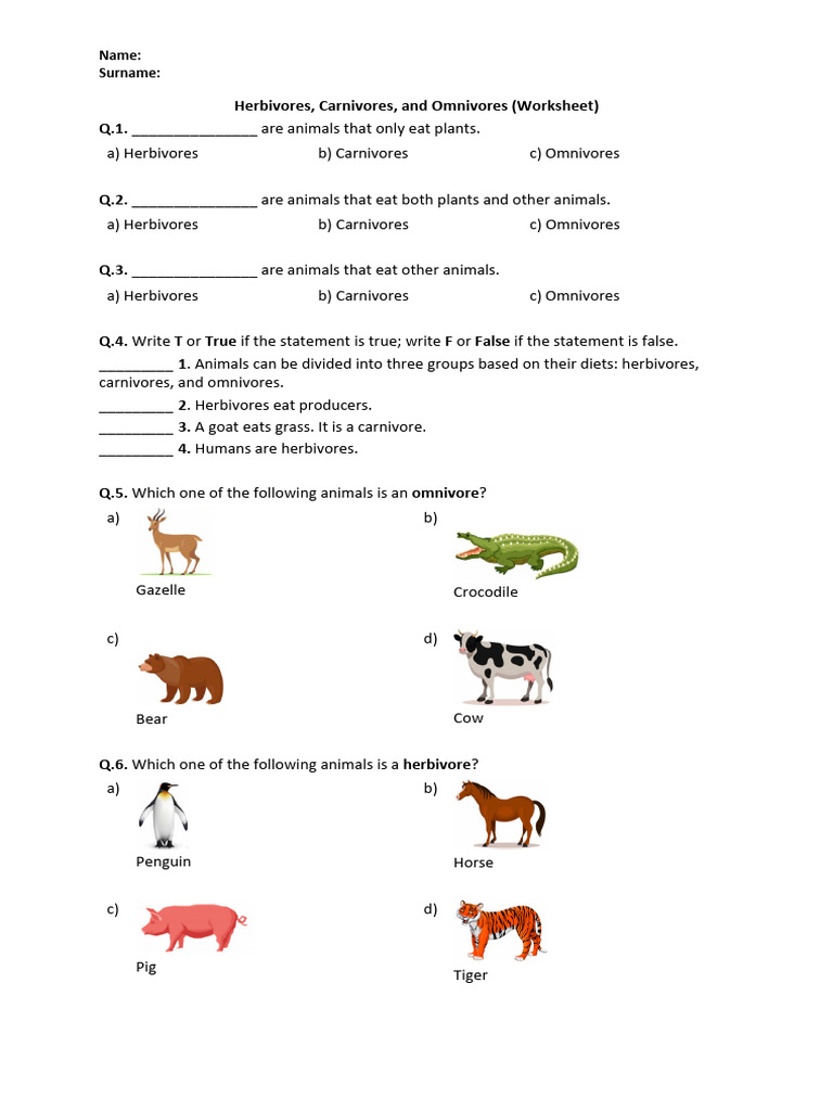 Herbivores, Carnivores, and Omnivores (Worksheet) Q.1.: Name: Surname ...