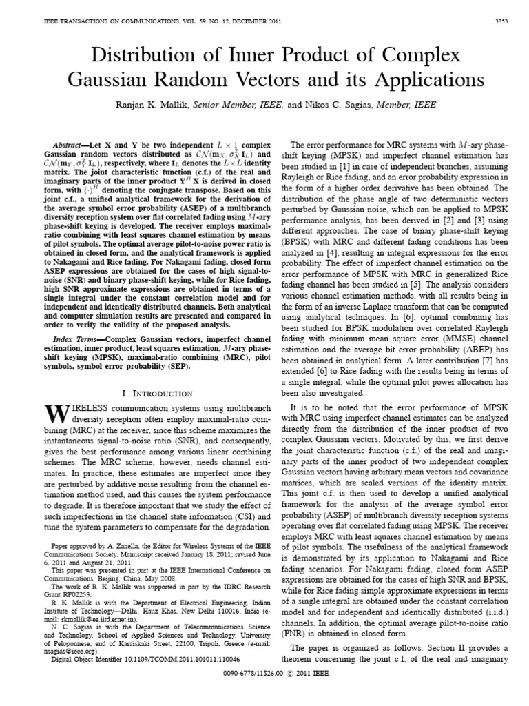 Distribution of Inner Product of Complex Gaussian Random Vectors and Its Applications | PDF ...