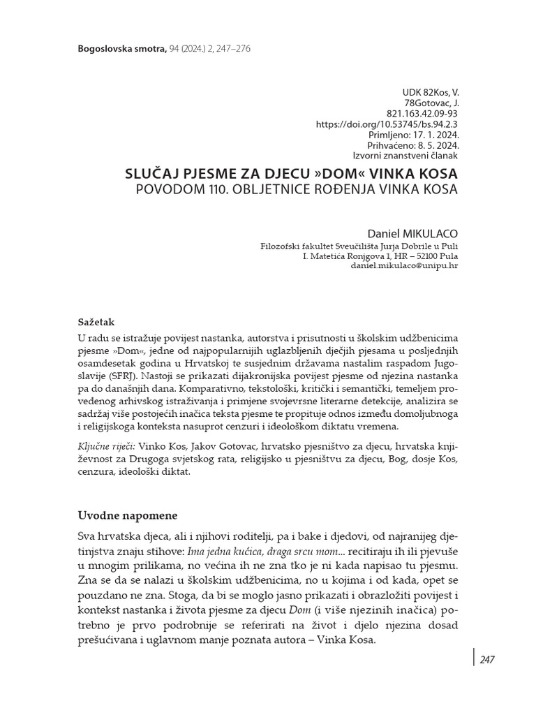 D. Mikulaco - Slučaj Pjesme Za Djecu Dom Vinka Kosa | PDF