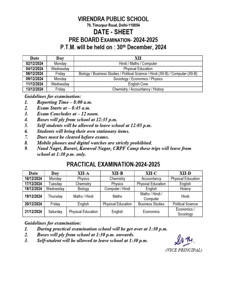PreBoard - Class XII Date Sheet | PDF