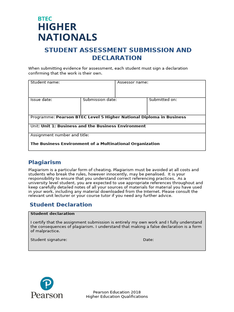 HB401 Businessandthe Business Environment Submission Declaration Form ...