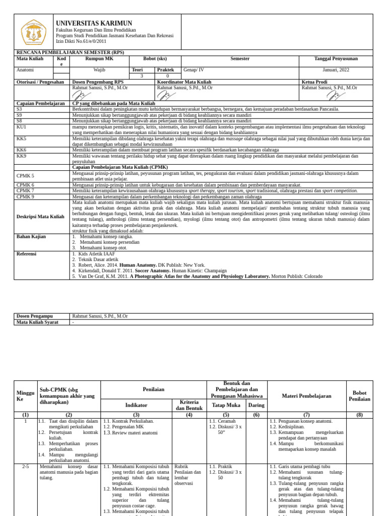 New RPS Anatomi | PDF | Sains & Matematika