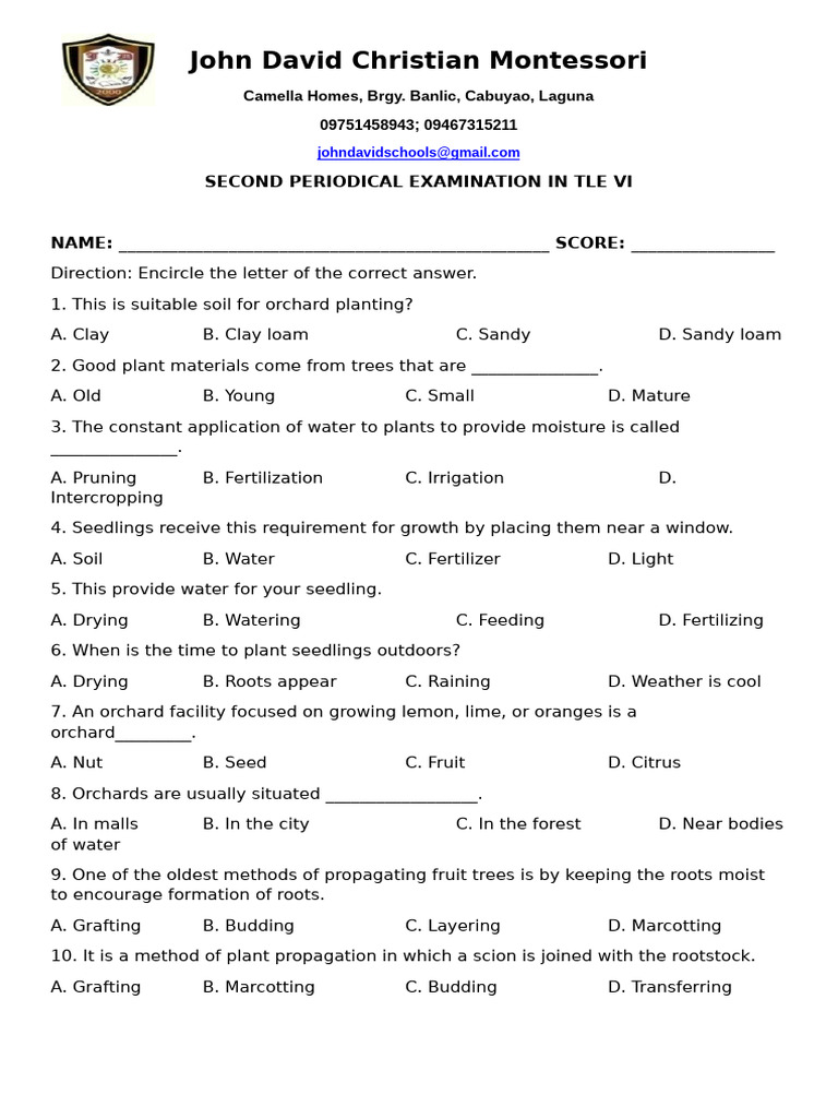 Second Periodical Examination in Tle Vi | PDF | Fertilizer | Grafting