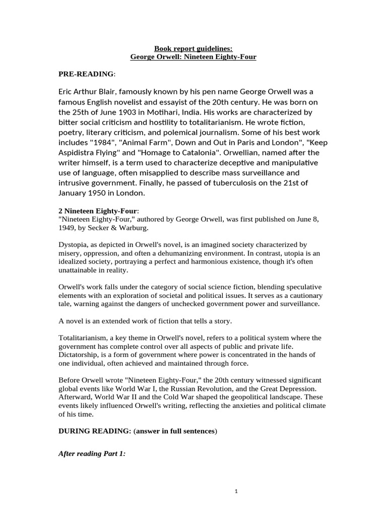 Book Report Guidelines - 1984-1 | PDF | George Orwell