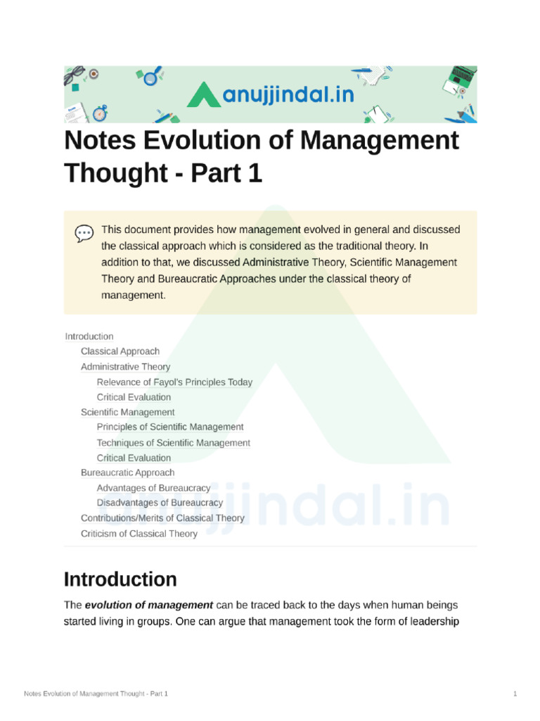 Notes Evolution of Management Thought Part 1 | PDF