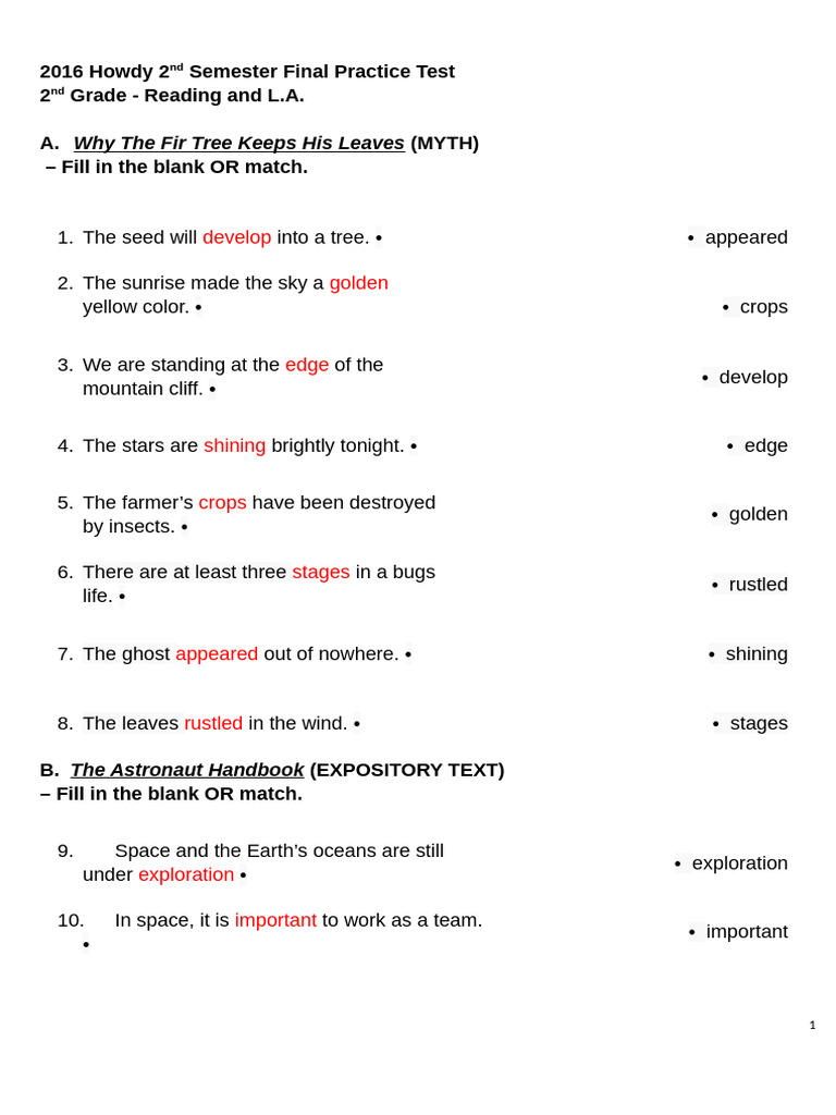 2016 2nd Semester Final - LA and Reading - Grade 2 (Answer Key) | PDF ...