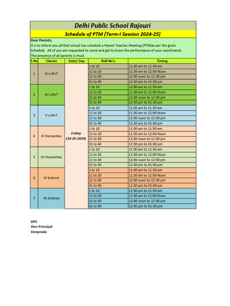 PTM Schedule of Class III, IV, V, XI and XII T1xls | PDF | Delhi | Schools