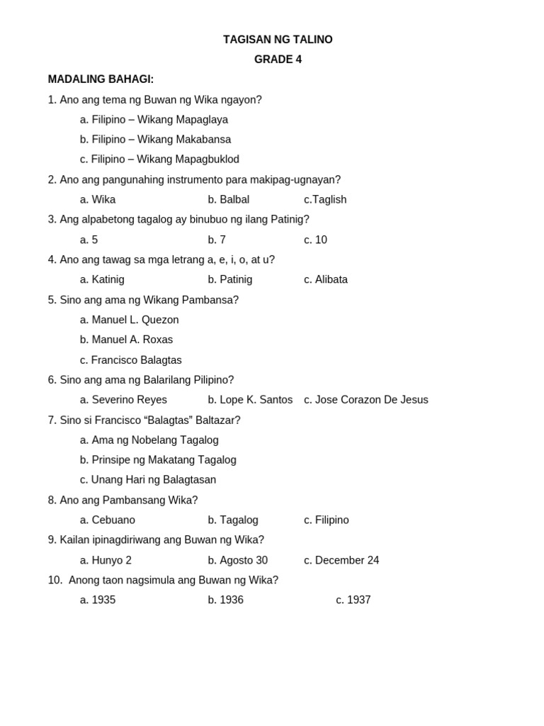 Tagisan NG Talino Grade 4 | PDF