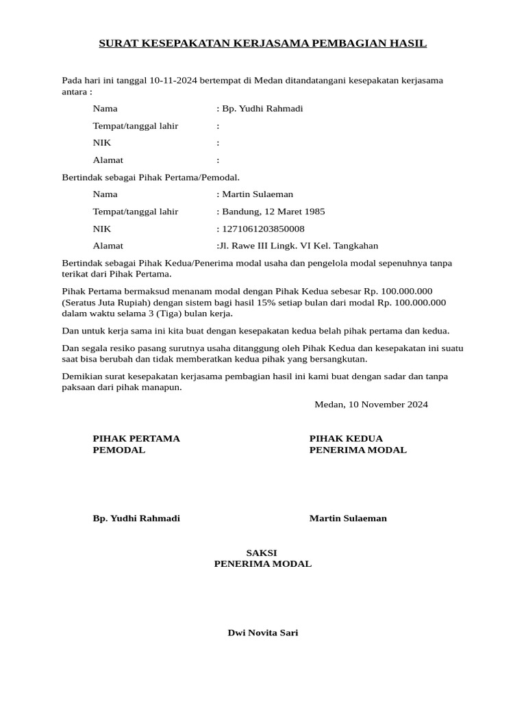 Surat Kesepakatan Kerjasama Pembagian Hasil | PDF