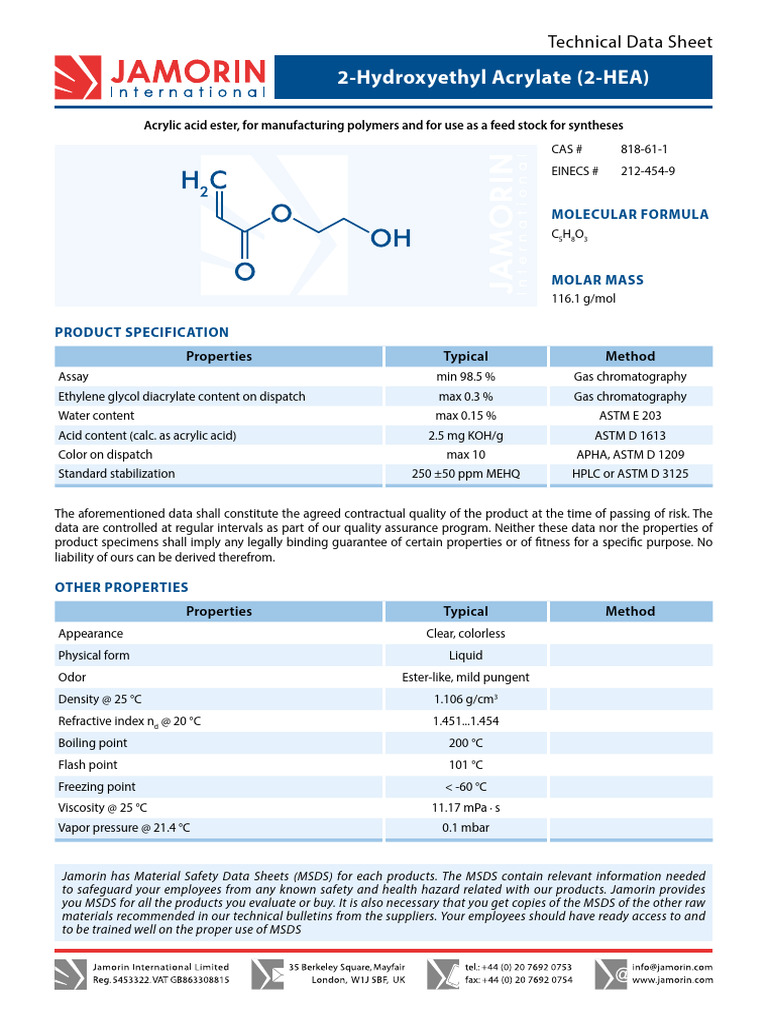 2-Hydroxyl Ethyl Acrylate - HEA - JAMORIN | PDF | Chemical Substances ...