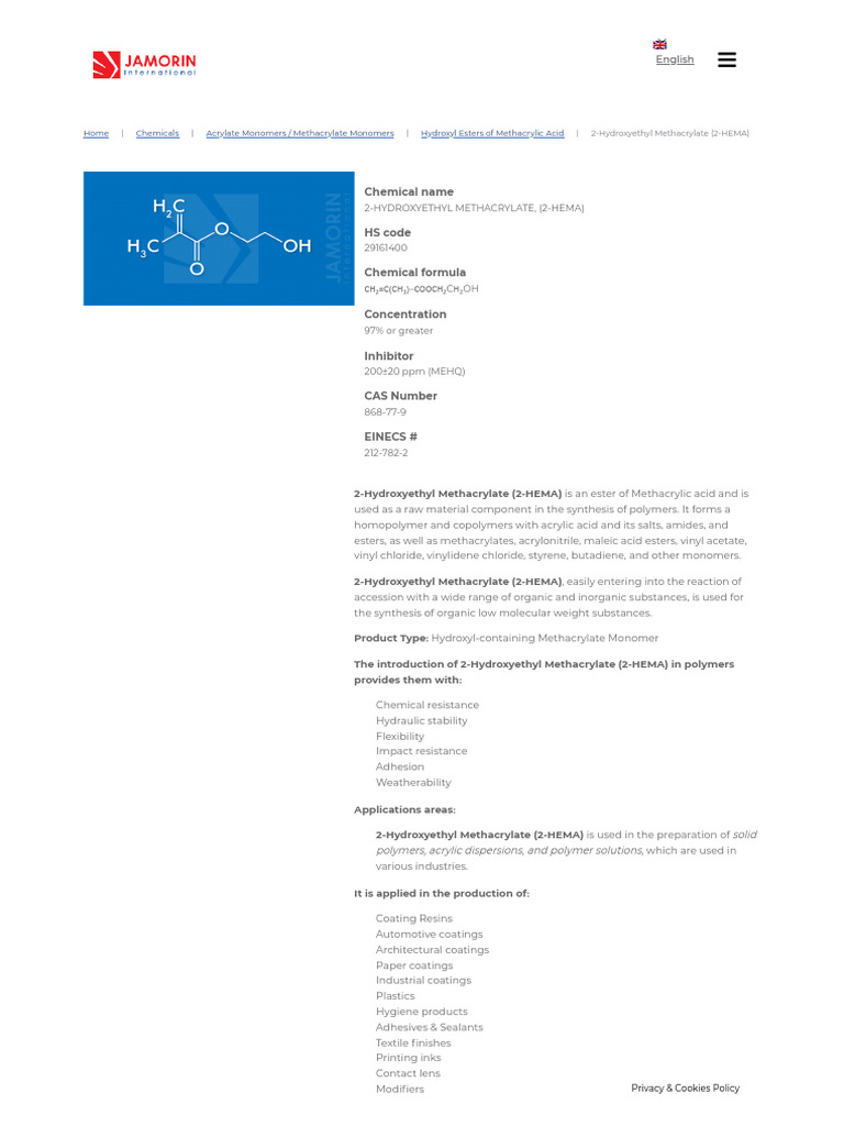2-Hydroxyethyl Methacrylate - 2-HEMA - Jamorin | PDF | Polymers | Ester