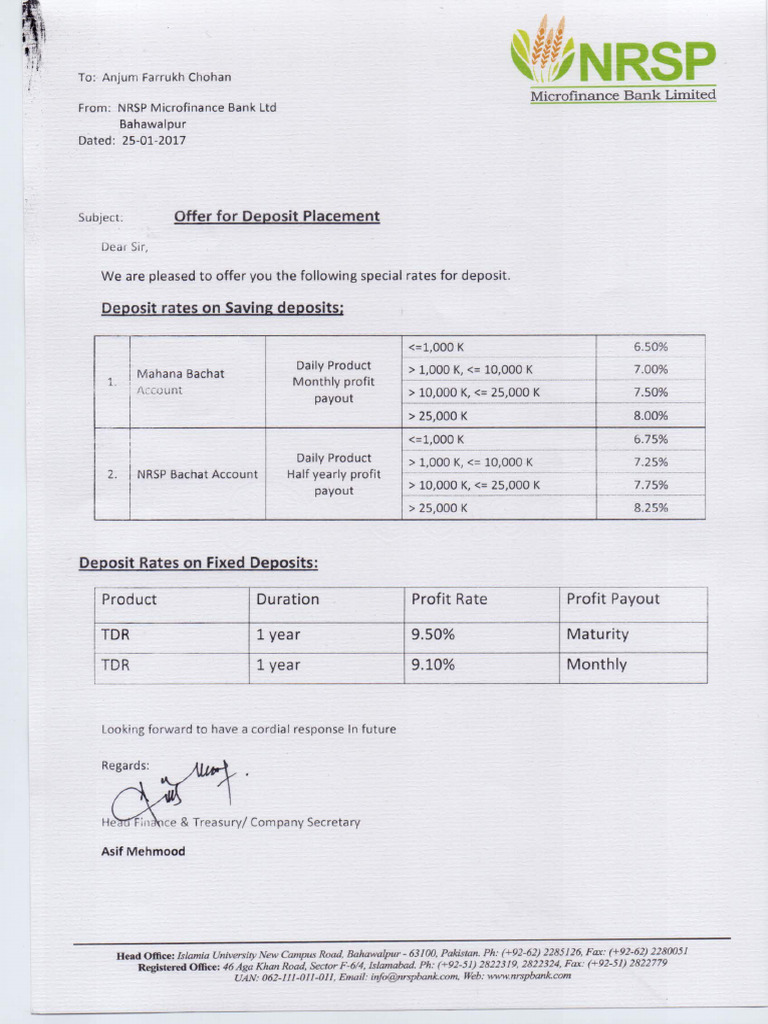 Offer For Deposit Placement | PDF