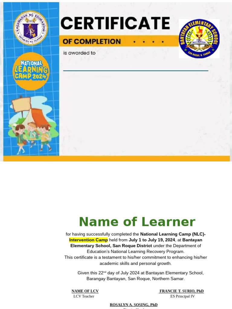 Bes - NLC Certificate of Completion For Learners | PDF | Language Arts ...