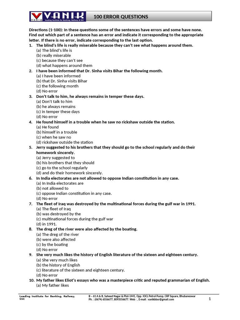 Noun Error Questions for Exams | PDF | Noun | Plural