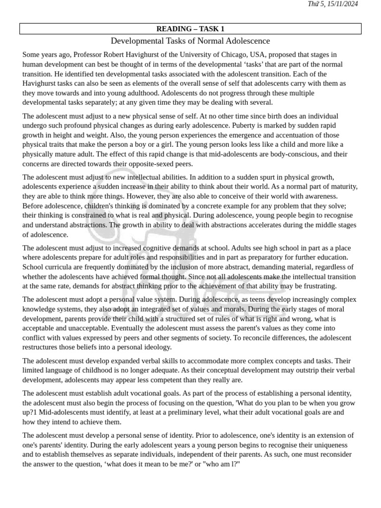 Reading – Task 1,2 | PDF | Adolescence | Science