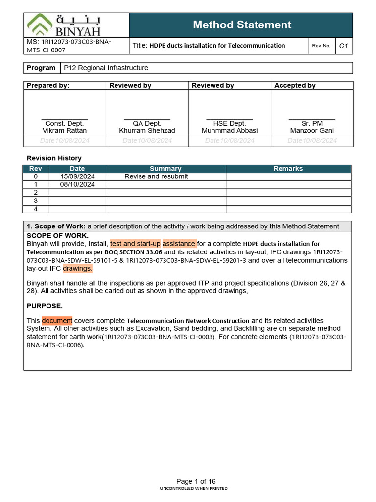 Method Statement Risk Assesment For Telecommunication Network | PDF | Surveying | Duct (Flow)