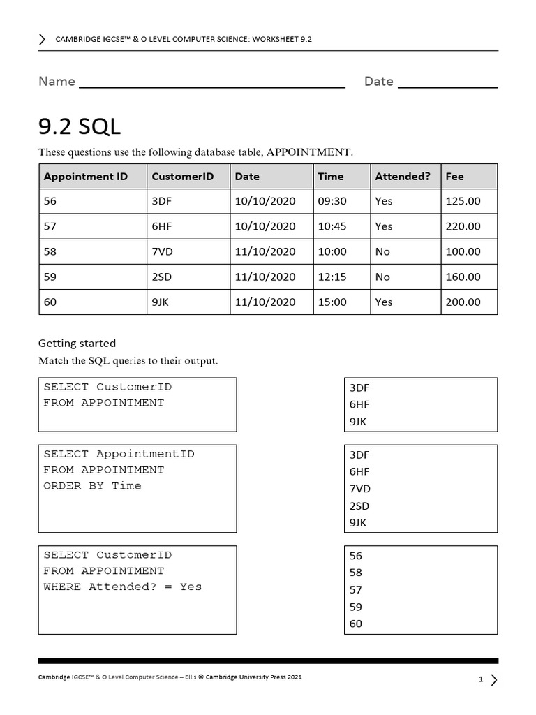 Igcse Compsci 2ed TR Worksheet 9.2 | PDF | Databases | Data Management