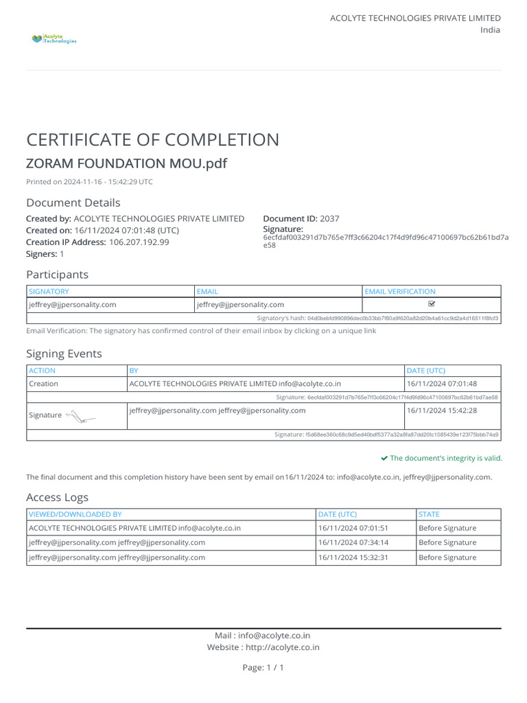 Certificate of Completion - 2024-11-16 - 154232 | PDF | Signature ...