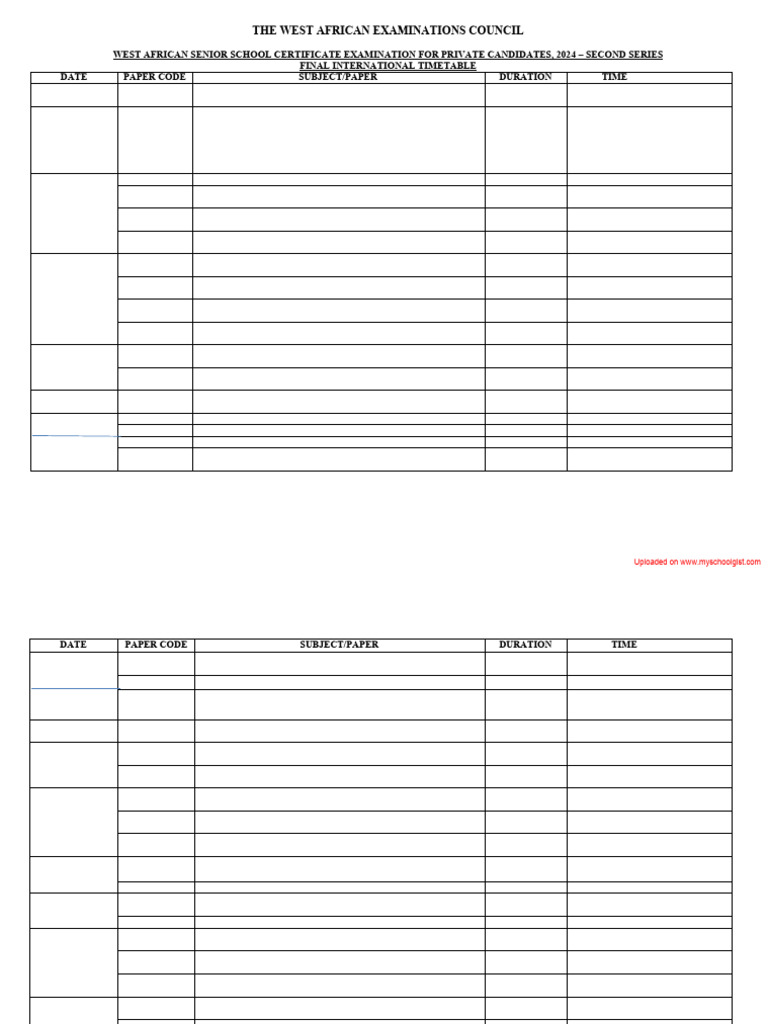 WASSCE 2024 Private Candidates Timetable | PDF