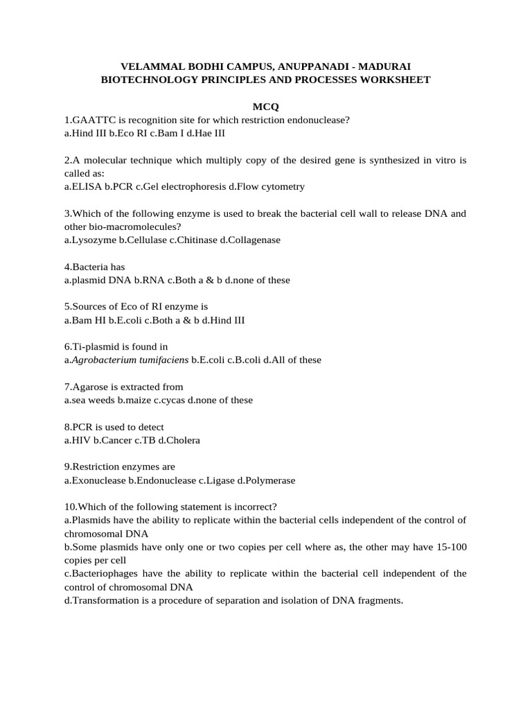 Biotechnology Principles & Processes Worksheet | PDF | Plasmid ...