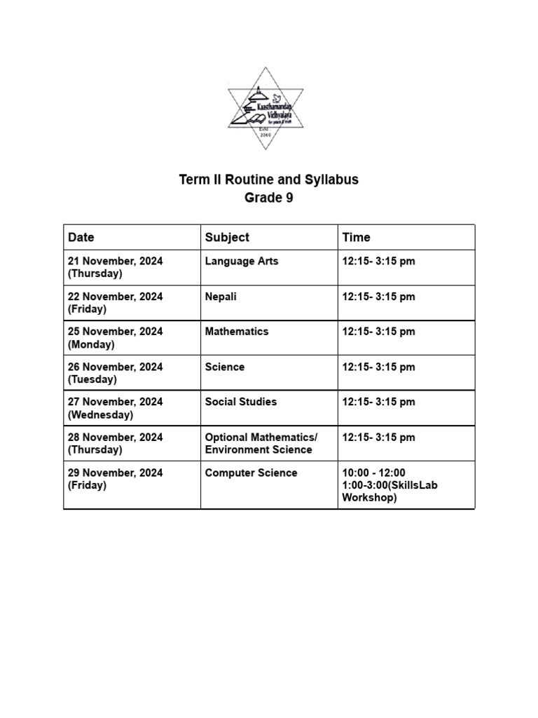 Grade 9 Term II Routine & Syllabus | PDF | Trigonometry | Triangle