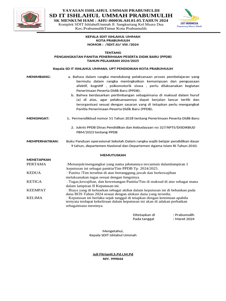 SK Pengangkatan Panitia PPDB 2024 | PDF