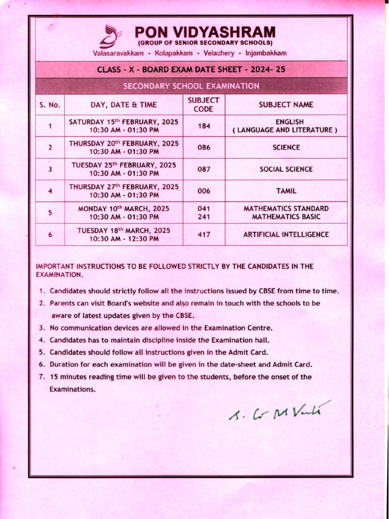 Classes - X & XII Board Exam Date Sheet - 2024 - 25 | PDF