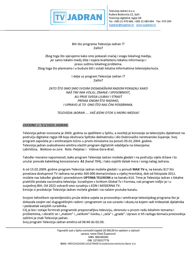 Uvodni Dopis TELEVIZIJA JADRAN 2022 Opis Programa | PDF