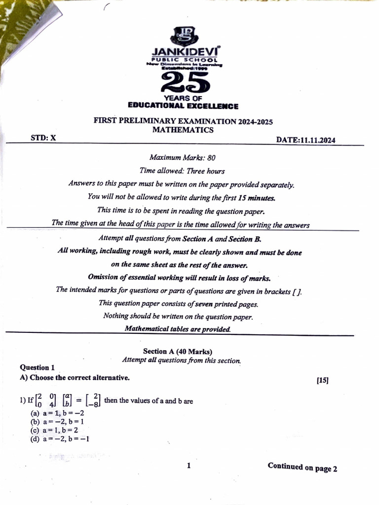 First Preliminary Paper - Maths | PDF