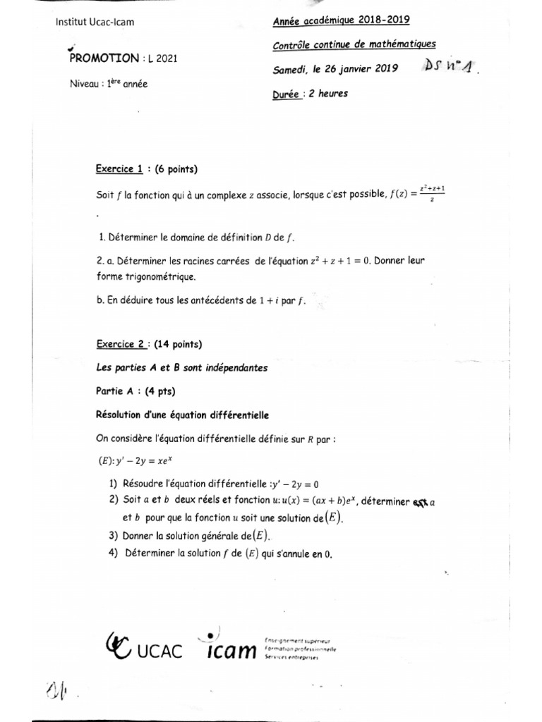 DS1 Mathématiques1 L2021 | PDF