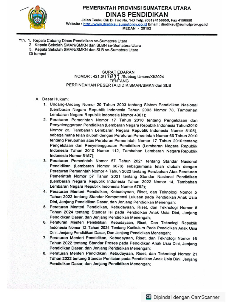 Surat Edaran Perpindahan Peserta Didik Sman SMKN & SLB - 113111 | PDF