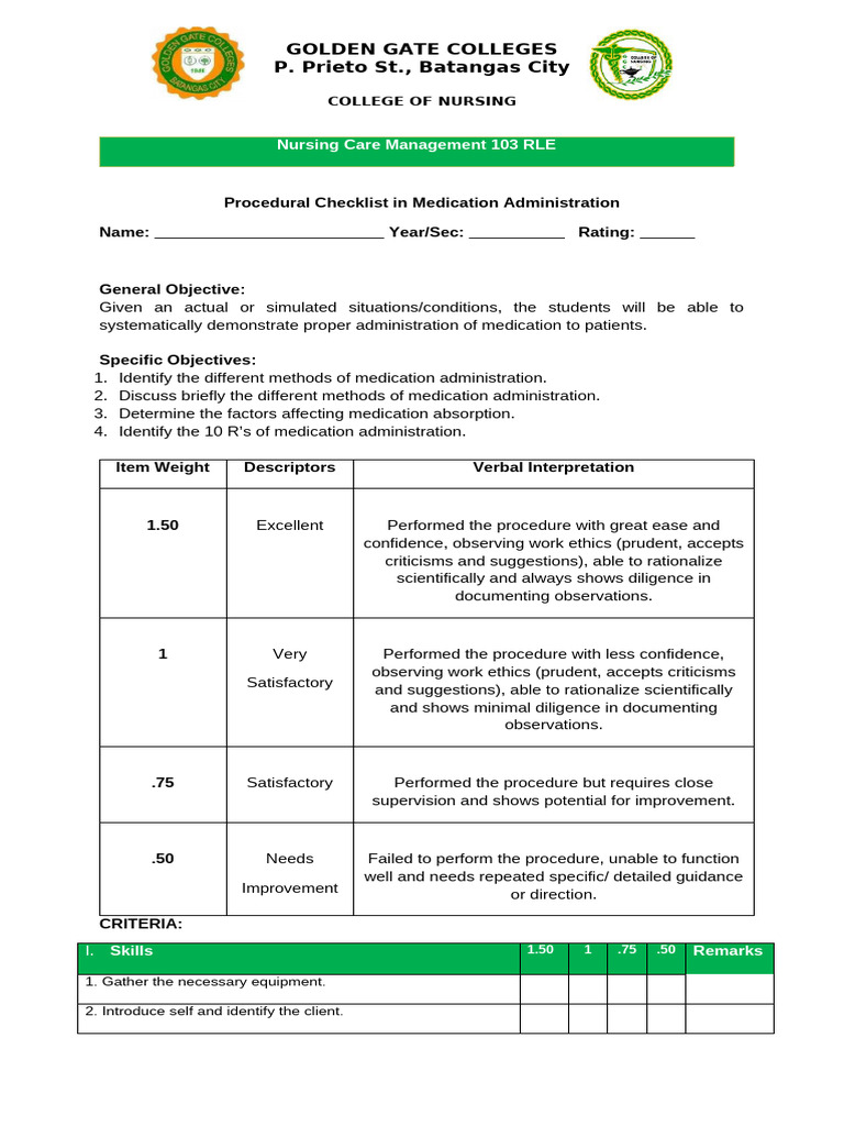 NCM 103 Medication Administration Checklist | PDF | Injection (Medicine ...