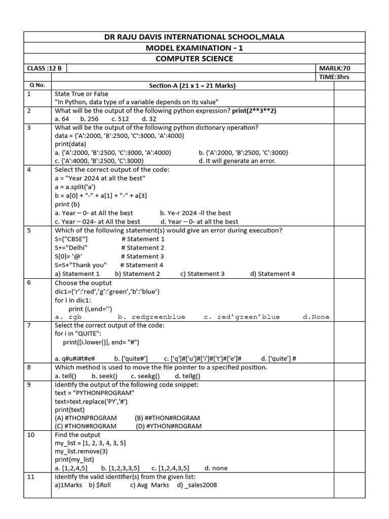 CLASS 12 CS MODEL 1 QST | PDF | Parameter (Computer Programming) | Computing