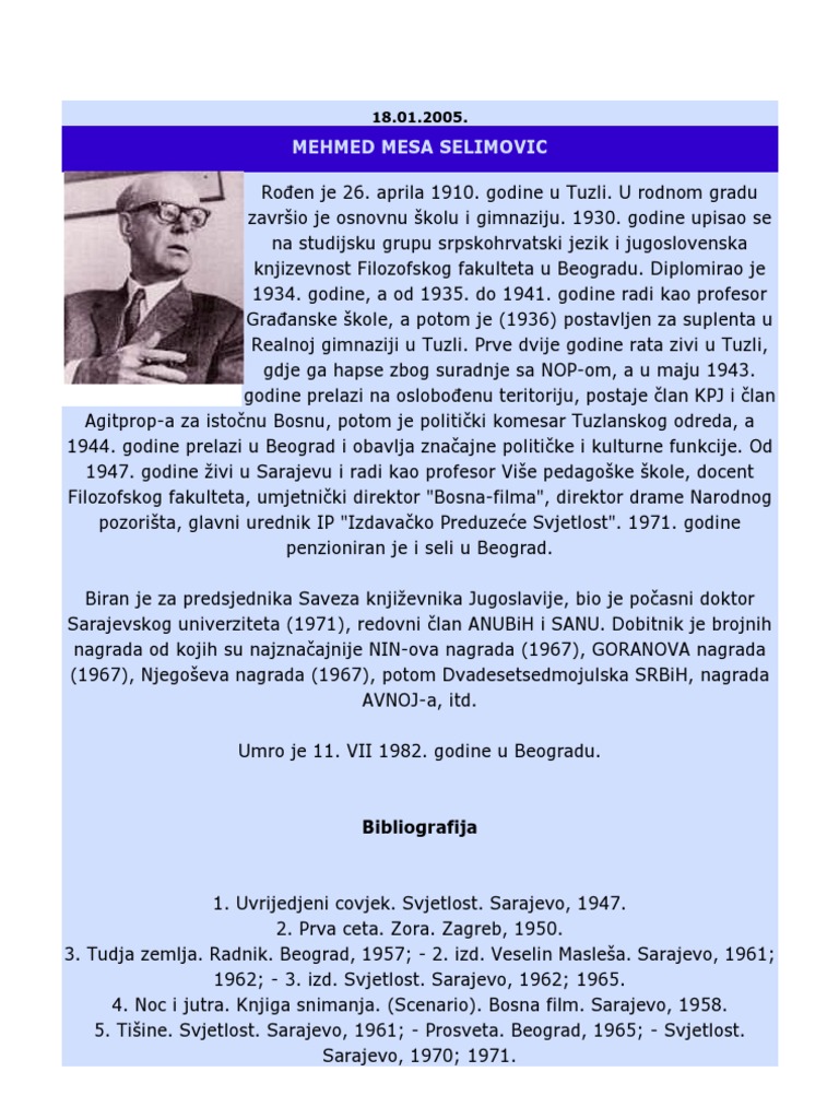Mesa Selimovic - Biografija I Citati | PDF