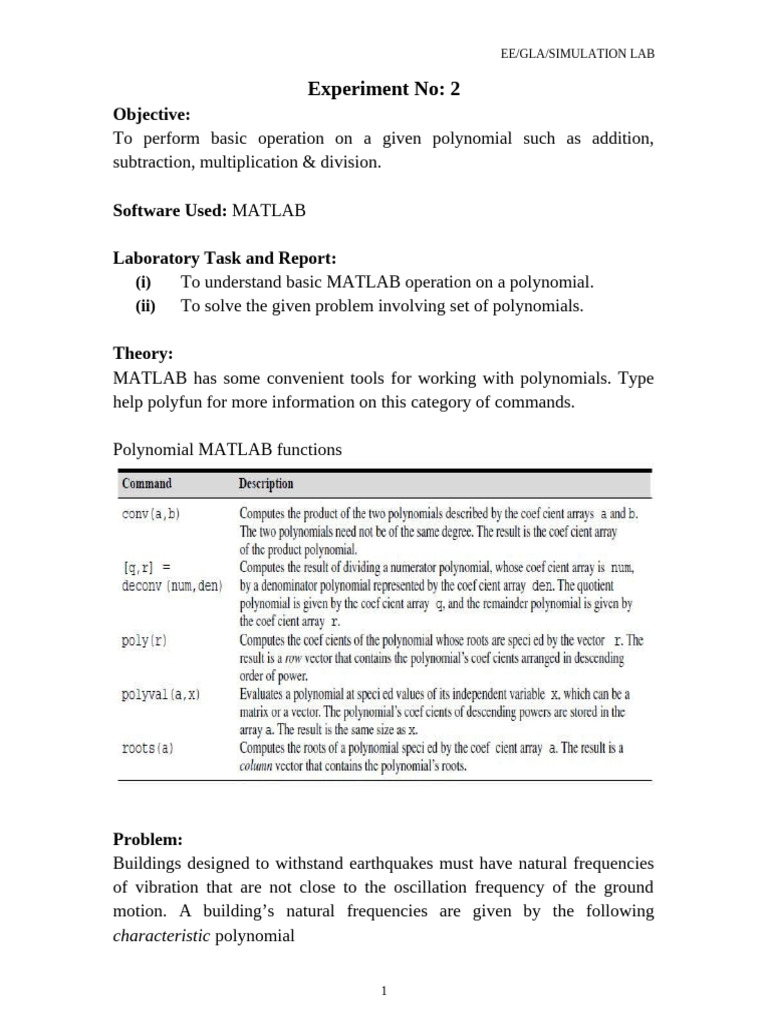 MATLAB Polynomial Operations Lab | PDF | Teaching Methods & Materials
