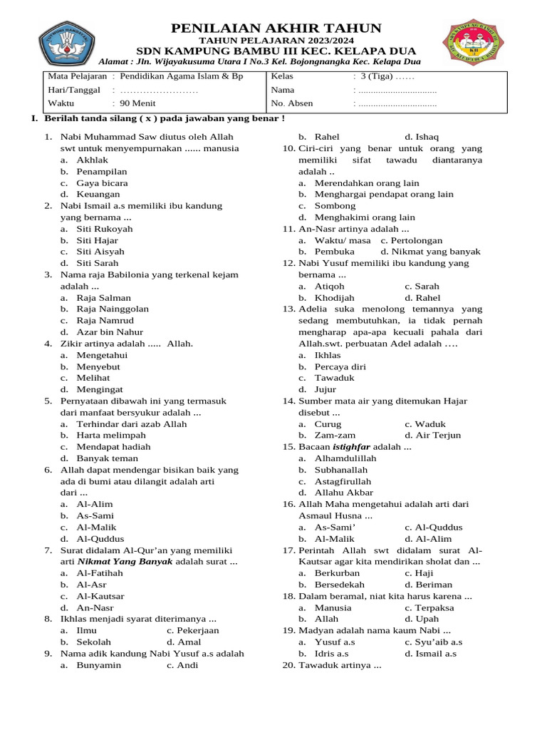 Soal Pat Pai Kelas 3 2024 | PDF