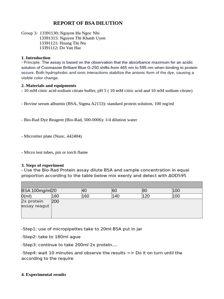 Report of BSA Dilution | PDF | Chemistry | Analytical Chemistry