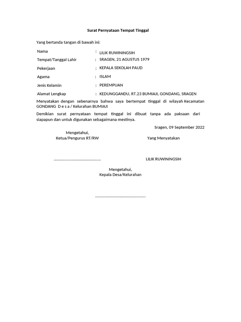 Surat Pernyataan Tempat Tinggal KOSONG | PDF