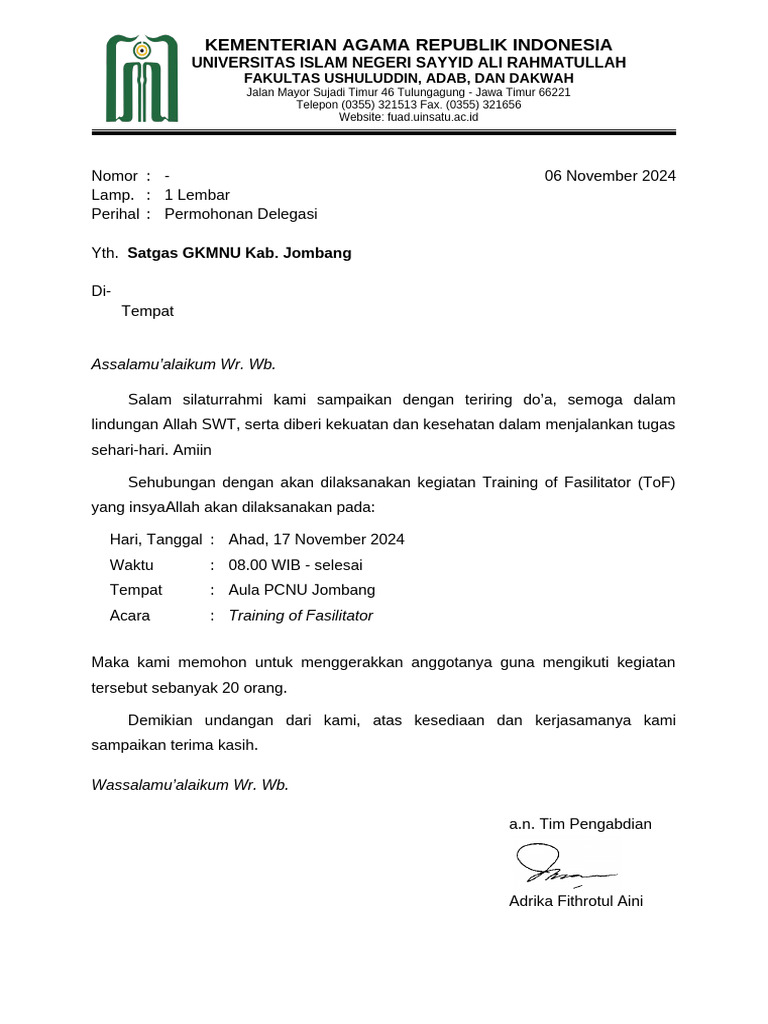 Permohonan Delegasi Training ToF Jombang | PDF | Perjalanan