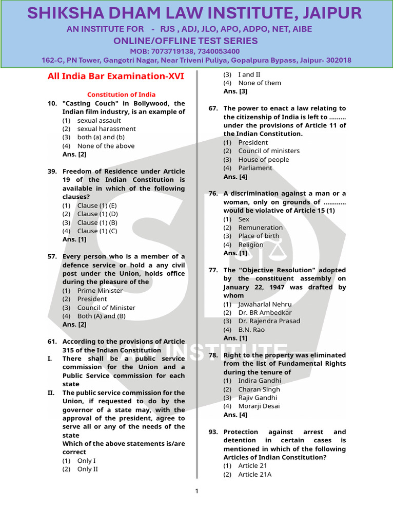 AIBE XVI Paper (Subjectwise) | PDF | Bail | Common Law