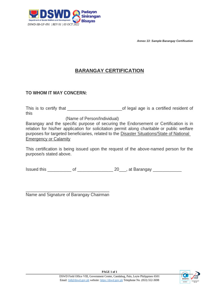 Barangay Certification for Solicitation Permit | PDF | Social Science