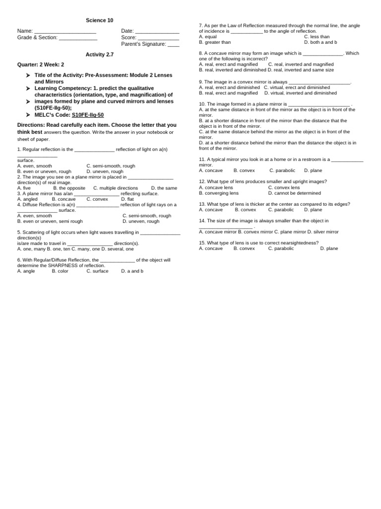 Grade 10 Science Pre-Assessment | PDF | Mirror | Frequency