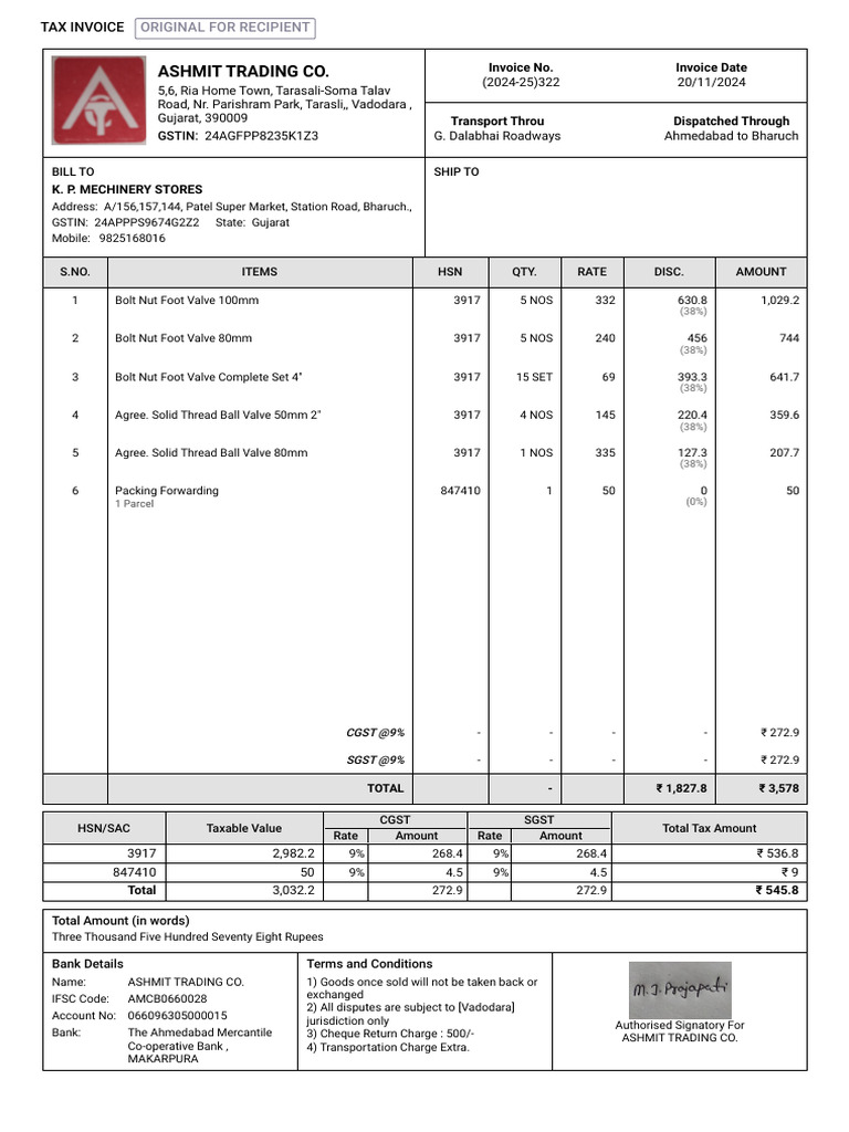 2024-25-322-Sales Invoice-K. P. Mechinery Stores | PDF | Public Finance | Taxation