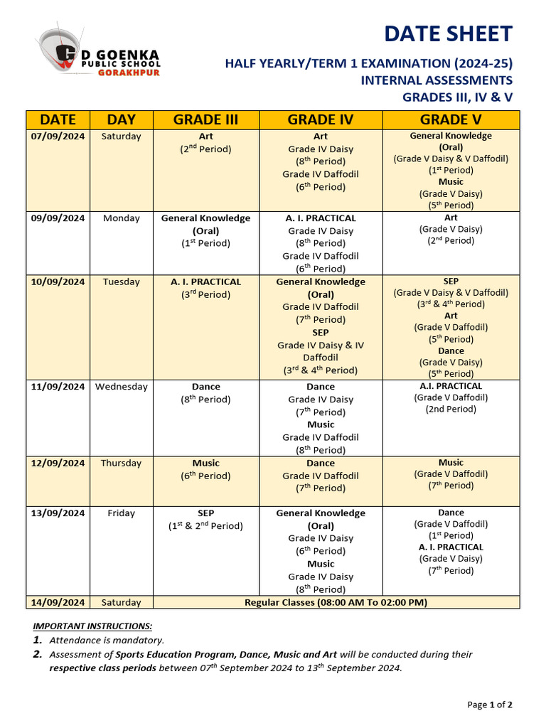 Date Sheet Class 34 5 Pdf