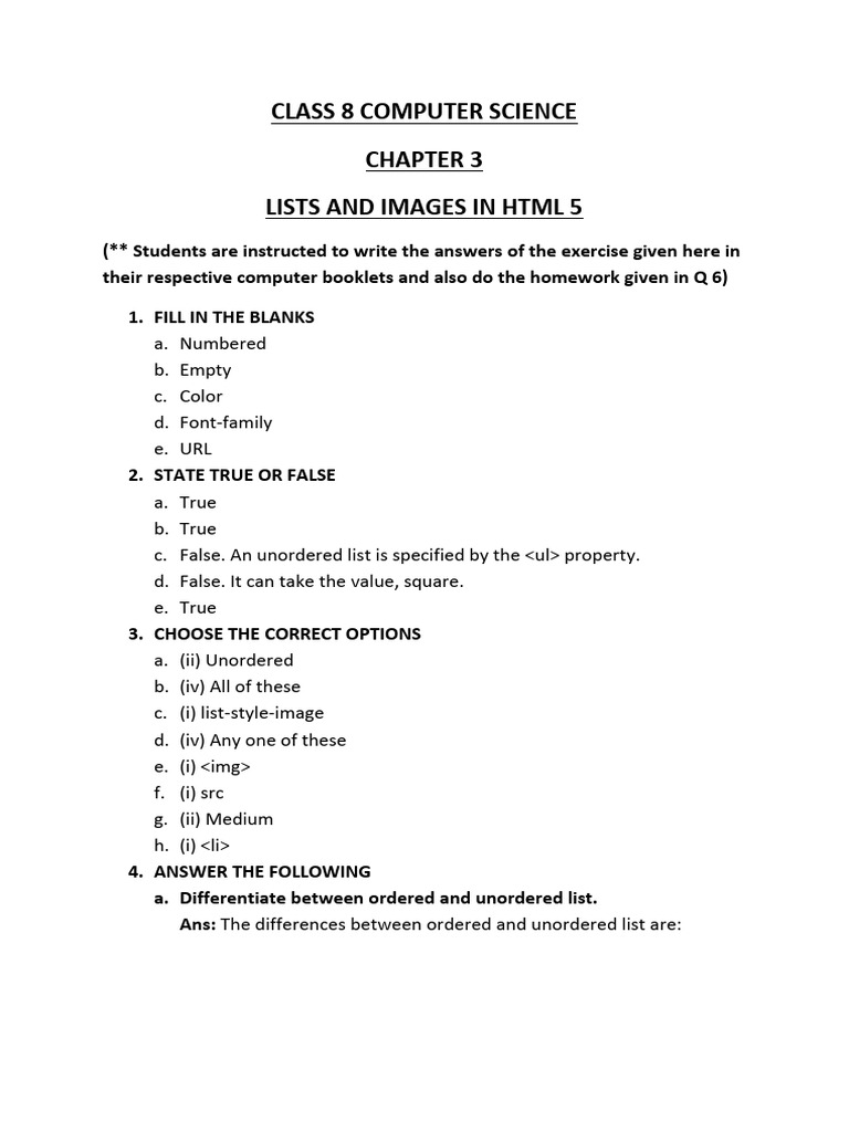 Class 8 Computer Science CHAPTER 3 (Lists and Images in HTML 5) | PDF | Html Element | Computer ...