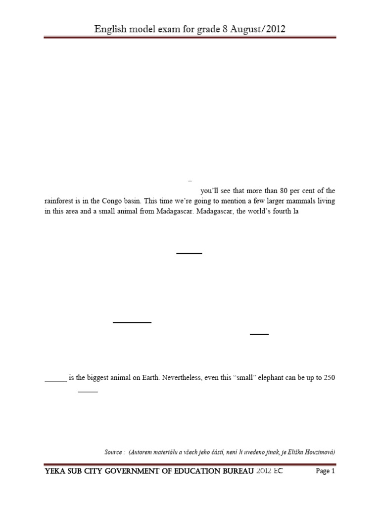 Rubbishh Model Exam Model Grade 8 | PDF | Chimpanzee | Elephant