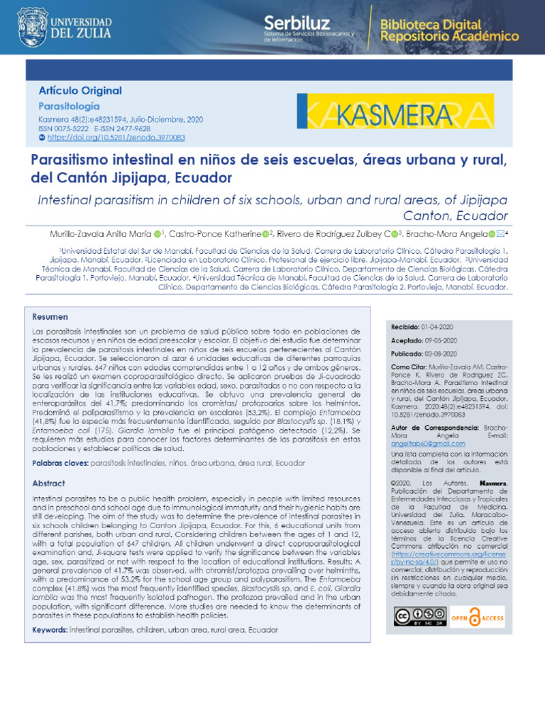 Vista de Parasitismo Intestinal en Escolares de Seis Escuelas, Áreas ...