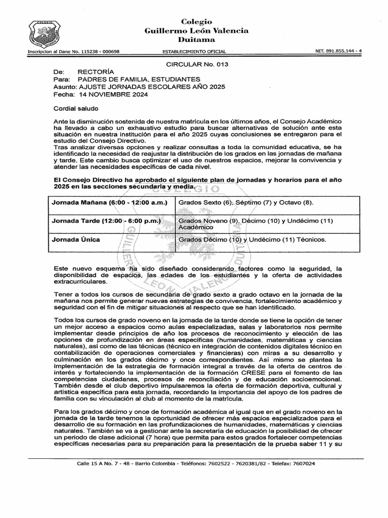 Circular No. 013 Ajuste Jornada Escolar | PDF