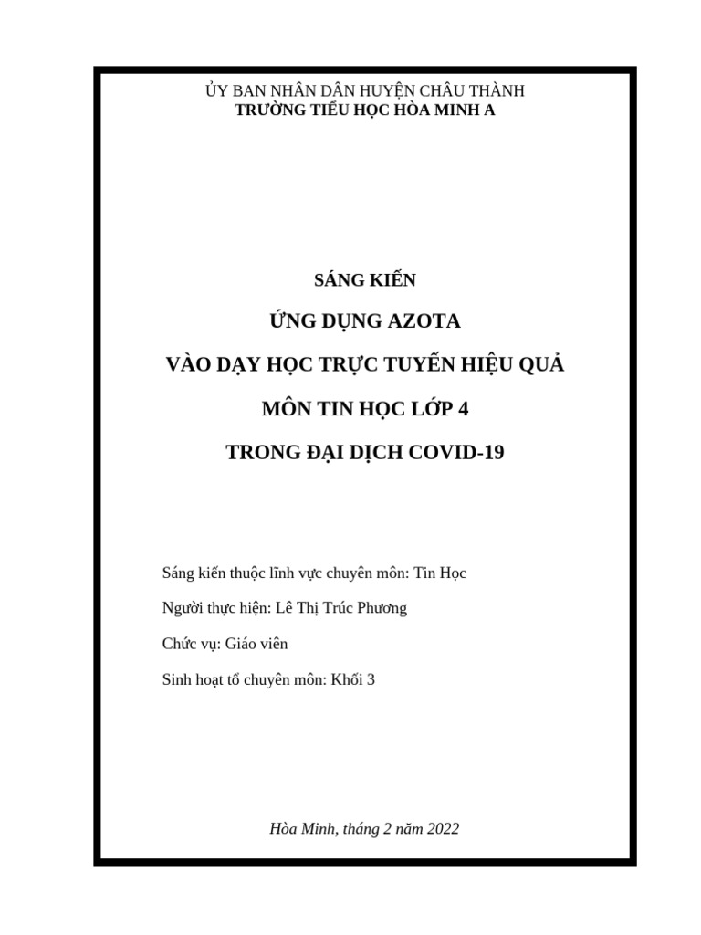 SÁNG KIẾN ỨNG DỤNG AZOTA VÀO DẠY HỌC TRỰC TUYẾN HIỆU QUẢ MÔN TIN HỌC LỚP 4 | PDF