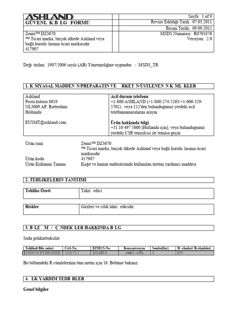 Zenixdz3670 Msds TR | PDF